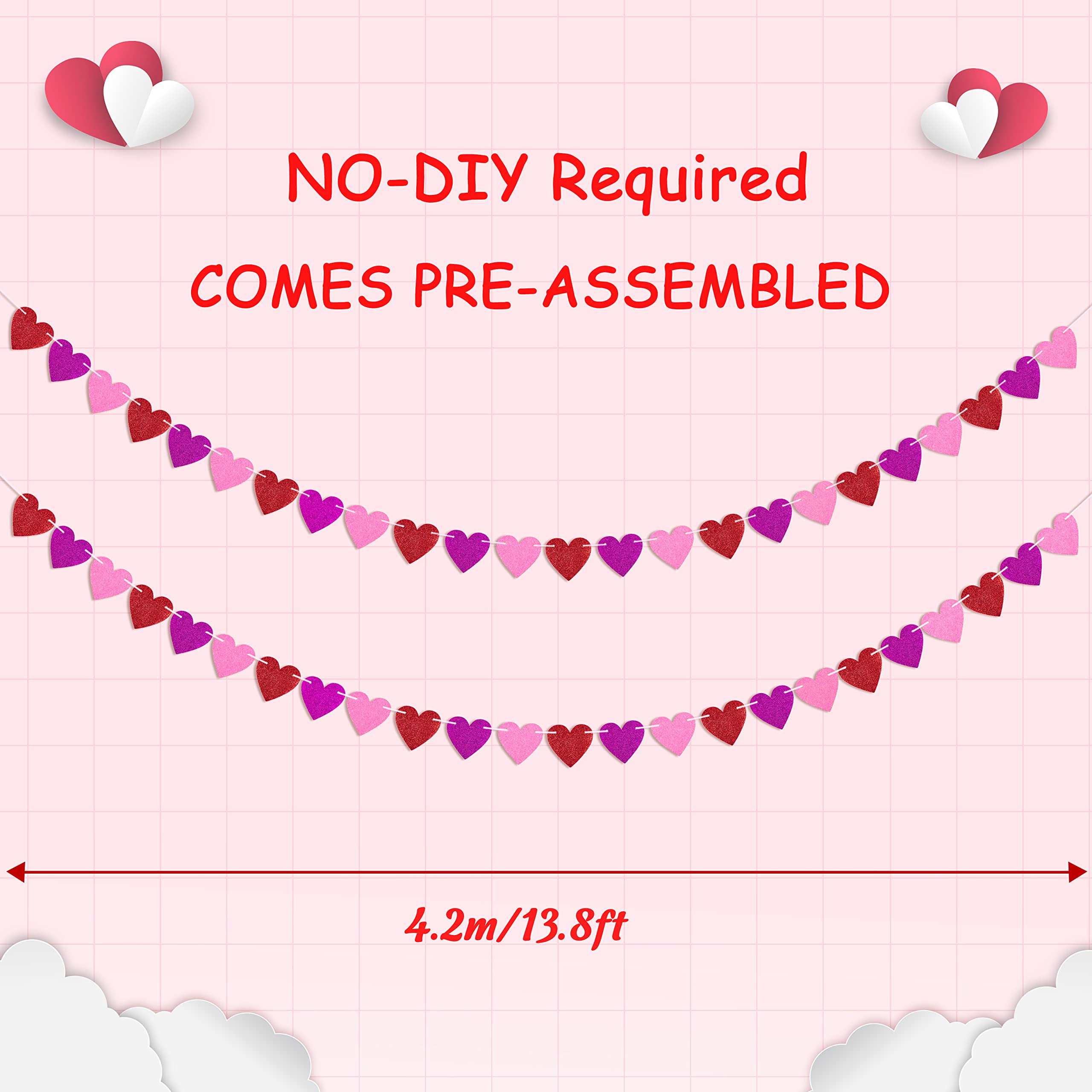 2PCS 27.6Ft Valentines Day Heart Banner - Valentine Glitter Garland Red Pink Rosy Wedding Party Decorations Ornaments