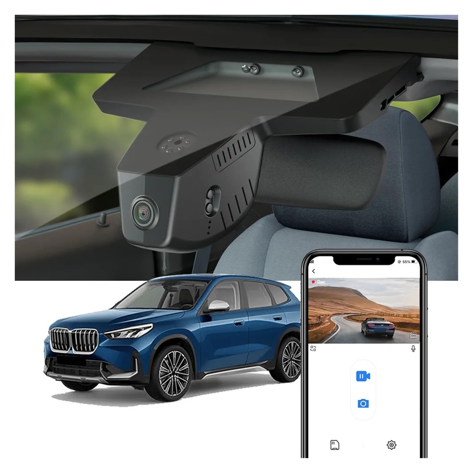 Fitcamx Integrated OEM Car DVR Video Recorder WiFi Connection APP Control 4K Dash Cam Compatible with BMW X1 iX1 U11 2023 2024 (Color : Black, Size : 2K Dual Cam 64GB)