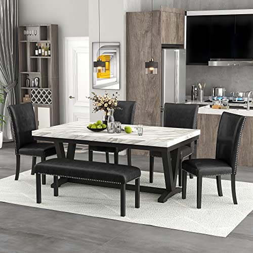 Goozio 6-Piece Set,Faux Marble Table, 4 Upholstered PU Leather Chair, 1 Bench for Dining Living Room,Black, OneSize