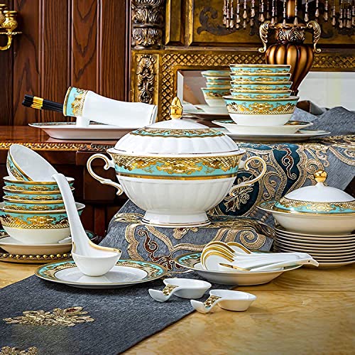 Porcelain Plate and Bowl Set,Dinnerware Set for Home or Special Restaurant, Ceramics Dinner Set, 59 Pieces High-Grade Phnom Penh Porcelain Dinnerware Sets | Soup Pot/Plate/Bowl - Bone China Combinati
