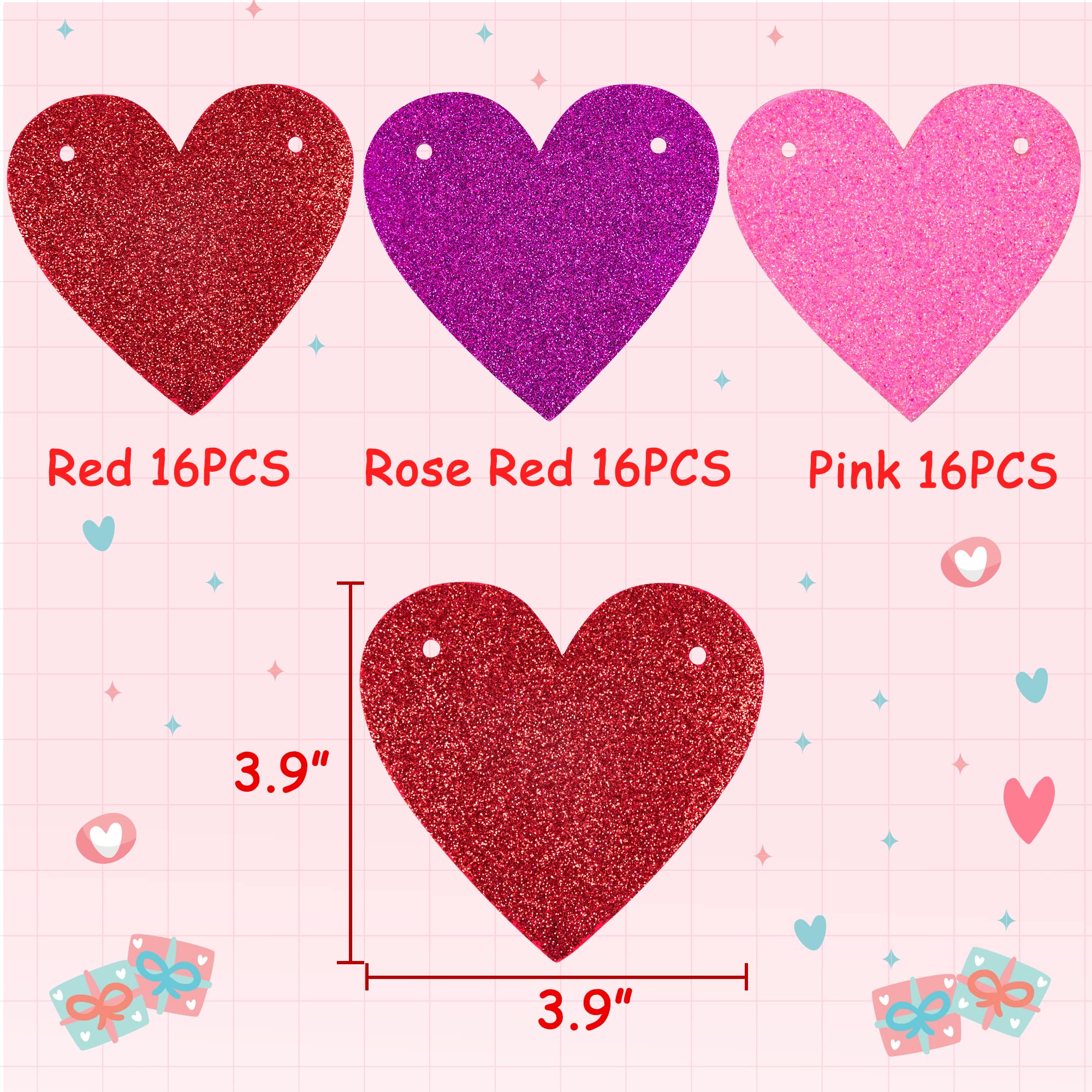2PCS 27.6Ft Valentines Day Heart Banner - Valentine Glitter Garland Red Pink Rosy Wedding Party Decorations Ornaments