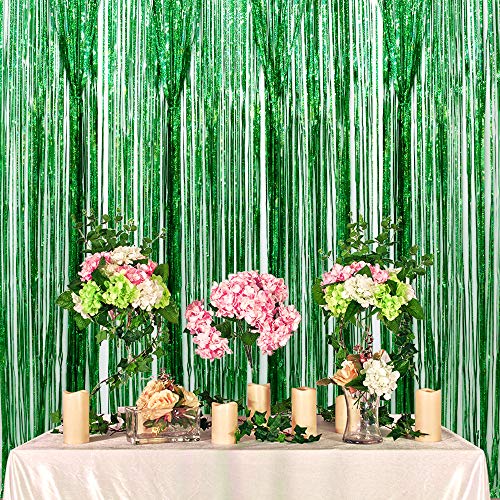 Iridescent Foil Fringe Curtains Rainforest Jungle Theme Party Supplies Birthday Wedding Party Window Door Decorations Fun Photo Booth Backdrop Props(2 Packs, (W) 3.28*(H) 6.56 Ft, Green)