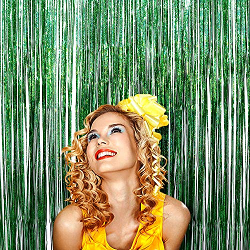 Iridescent Foil Fringe Curtains Rainforest Jungle Theme Party Supplies Birthday Wedding Party Window Door Decorations Fun Photo Booth Backdrop Props(2 Packs, (W) 3.28*(H) 6.56 Ft, Green)