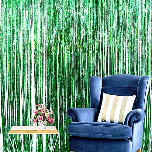 Iridescent Foil Fringe Curtains Rainforest Jungle Theme Party Supplies Birthday Wedding Party Window Door Decorations Fun Photo Booth Backdrop Props(2 Packs, (W) 3.28*(H) 6.56 Ft, Green)