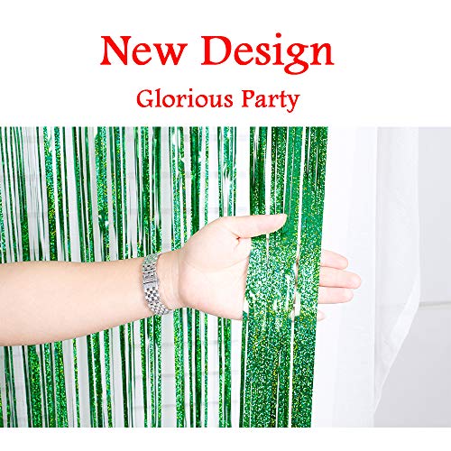 Iridescent Foil Fringe Curtains Rainforest Jungle Theme Party Supplies Birthday Wedding Party Window Door Decorations Fun Photo Booth Backdrop Props(2 Packs, (W) 3.28*(H) 6.56 Ft, Green)