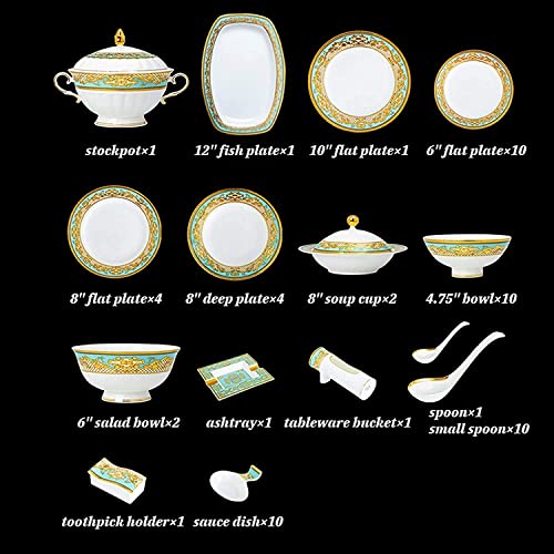 Porcelain Plate and Bowl Set,Dinnerware Set for Home or Special Restaurant, Ceramics Dinner Set, 59 Pieces High-Grade Phnom Penh Porcelain Dinnerware Sets | Soup Pot/Plate/Bowl - Bone China Combinati
