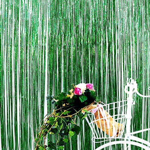 Iridescent Foil Fringe Curtains Rainforest Jungle Theme Party Supplies Birthday Wedding Party Window Door Decorations Fun Photo Booth Backdrop Props(2 Packs, (W) 3.28*(H) 6.56 Ft, Green)