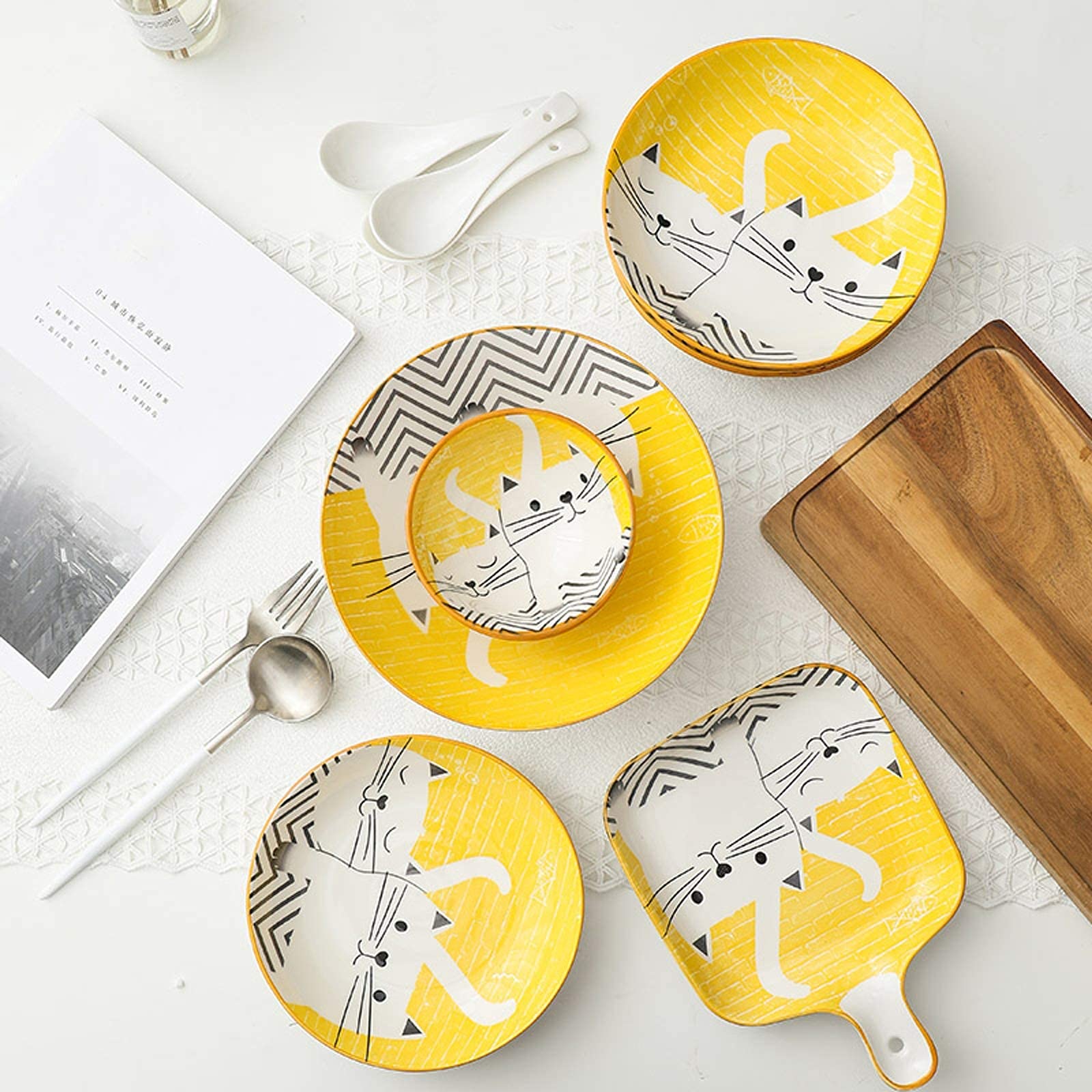 GagalU Porcelain Plate and Bowl Set,Creative Home Dinnerware Set 20 Piece of Cute Hand-Painted Cat Dinner Plate Sets Ceramic Plates and Bowls Sets, Service for 6 Dinnerware Set