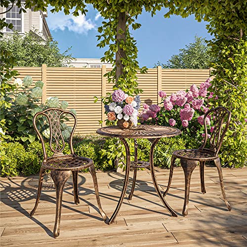 BELLEZE 3 Piece Cast Aluminum Bistro Set, Rust-Resistant Outdoor Patio Metal Bistro Sets Weather Resistant Table and 2 Chairs with Umbrella Hole for Balcony Backyard Garden - Bronze