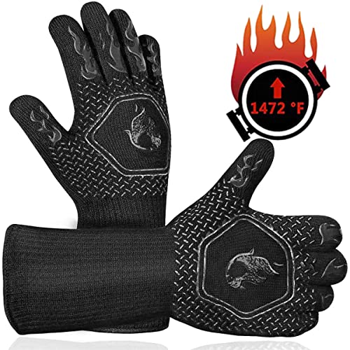 BBQ Fireproof Gloves - Grill Cut-Resistant Gloves 1472°F Extreme Heat Resistant, Silicone Non-Slip Oven Gloves for for Kitchen Garden BBQ Grilling and Outdoor Cooking Campfire