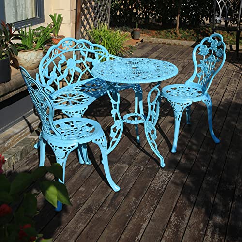KAI LI 4-Piece Balcony Tables and Chairs, 1 Table, 2 Round Chairs and 1 Bench, Metal cast Aluminum, Bistro Suit, Garden Bench, Rose Pattern Light Blue