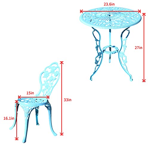 KAI LI 4-Piece Balcony Tables and Chairs, 1 Table, 2 Round Chairs and 1 Bench, Metal cast Aluminum, Bistro Suit, Garden Bench, Rose Pattern Light Blue