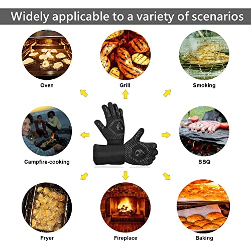BBQ Fireproof Gloves - Grill Cut-Resistant Gloves 1472°F Extreme Heat Resistant, Silicone Non-Slip Oven Gloves for for Kitchen Garden BBQ Grilling and Outdoor Cooking Campfire