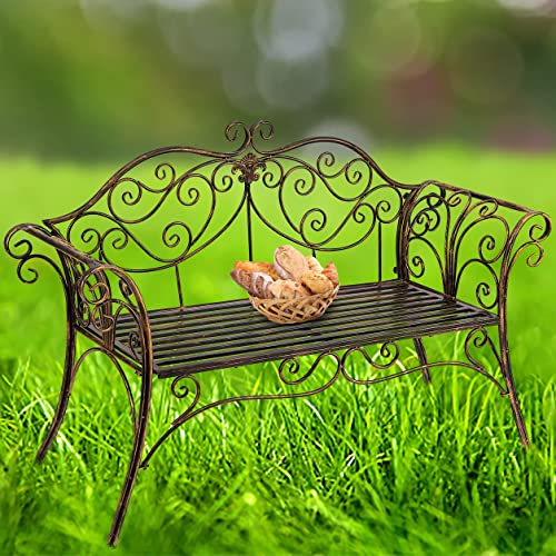 HLC Garden Bench Metal Outdoor Benchs for Front Porch Patio Park Yard 2 Seats Bench with Backrest and Armrests (Antique Bronze)