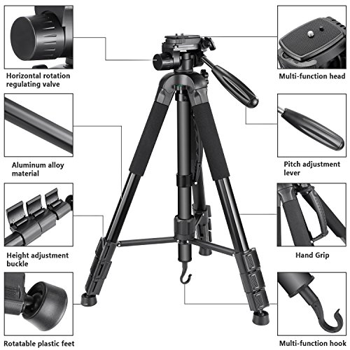 NEEWER Portable Aluminum Alloy Camera 2 in 1 Tripod Monopod Max. 70"/177cm with 3 Way Swivel Pan Head and Carrying Bag for DSLR, DV Video Camcorder (SAB264, Black)