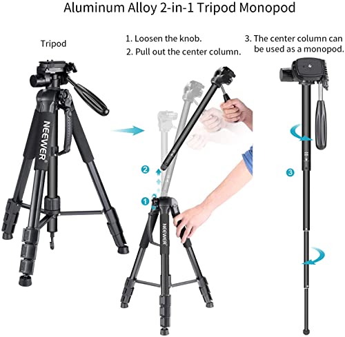 NEEWER Portable Aluminum Alloy Camera 2 in 1 Tripod Monopod Max. 70"/177cm with 3 Way Swivel Pan Head and Carrying Bag for DSLR, DV Video Camcorder (SAB264, Black)