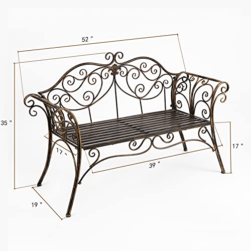 HLC Garden Bench Metal Outdoor Benchs for Front Porch Patio Park Yard 2 Seats Bench with Backrest and Armrests (Antique Bronze)