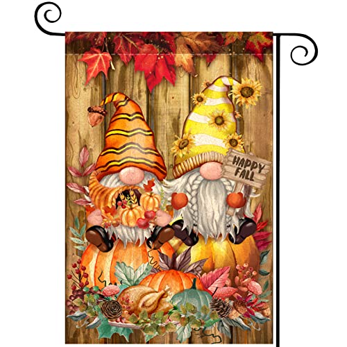 JOPHMO Fall Garden Flag, Happy Fall Gnomes Pumpkins Small Garden Flags 12x18 Inch, Double Sided Vertical Burlap Yard Flag Home Seasonal Outdoor Decor