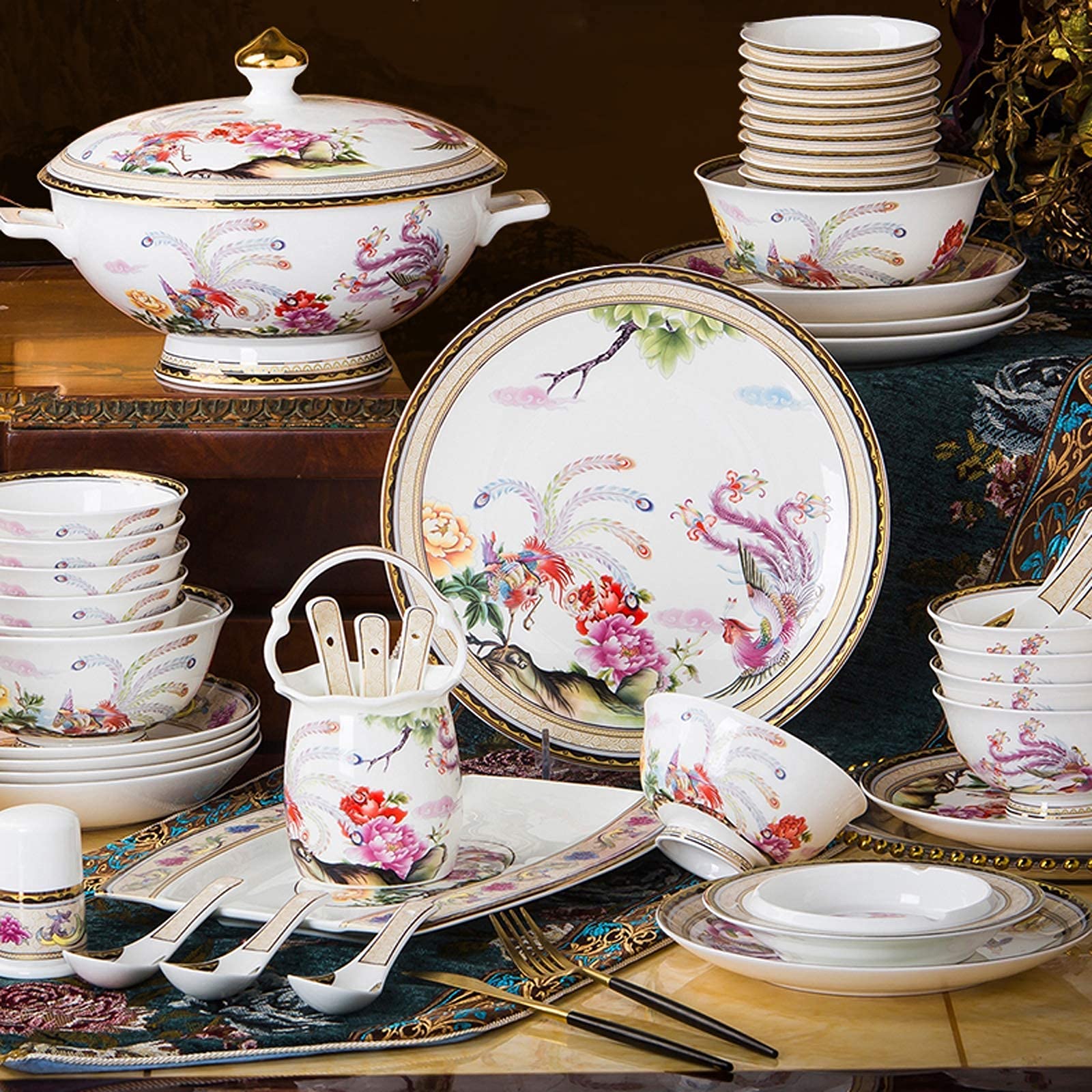Dinner SetsClassic Pottery Tableware,Ceramics Dinnerware Set, High-end Enamel Porcelain Soup Pot/Plate/Bowl | 50 Pieces Bone China Dinner Sets for Family Gathering and Wedding Gifts
