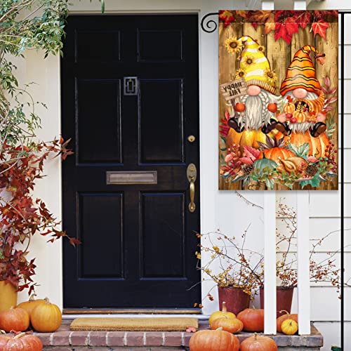 JOPHMO Fall Garden Flag, Happy Fall Gnomes Pumpkins Small Garden Flags 12x18 Inch, Double Sided Vertical Burlap Yard Flag Home Seasonal Outdoor Decor