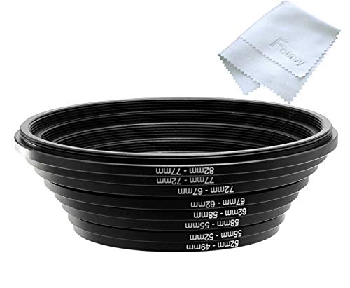 Fotasy Filter Step Down Ring Set, Anodized Metal Black, 8 Stepping Down Lens Adapter Rings, 82-77mm 77-72mm 72-67mm 67-62mm 62-58mm 58-55mm 55-52mm 52-49mm Step Down Ring (SRD)