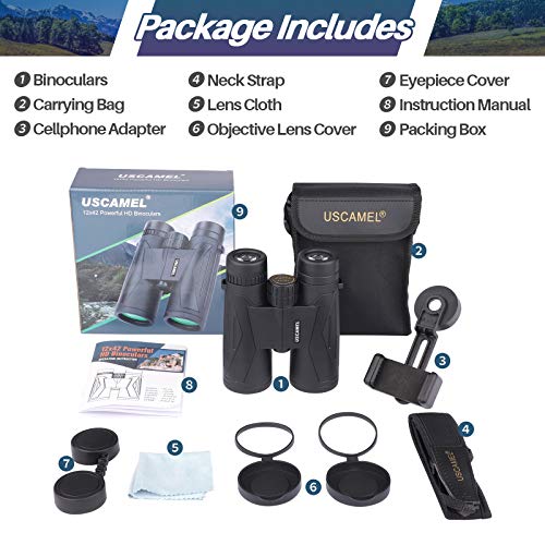USCAMEL 12x42 HD Binoculars for Adults with Upgraded Phone Adapter, High Power Binoculars for Bird Watching Hunting Stargazing Camping Concerts Sports