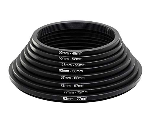 Fotasy Filter Step Down Ring Set, Anodized Metal Black, 8 Stepping Down Lens Adapter Rings, 82-77mm 77-72mm 72-67mm 67-62mm 62-58mm 58-55mm 55-52mm 52-49mm Step Down Ring (SRD)