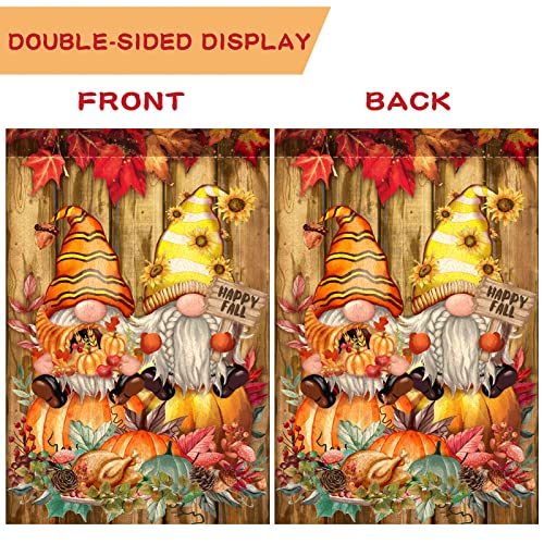 JOPHMO Fall Garden Flag, Happy Fall Gnomes Pumpkins Small Garden Flags 12x18 Inch, Double Sided Vertical Burlap Yard Flag Home Seasonal Outdoor Decor