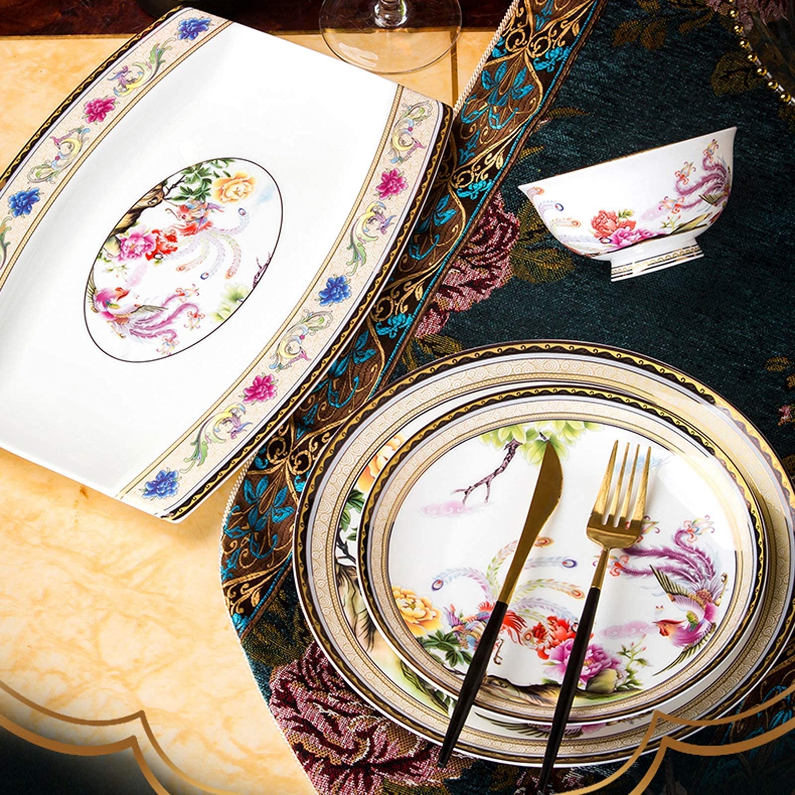 Dinner SetsClassic Pottery Tableware,Ceramics Dinnerware Set, High-end Enamel Porcelain Soup Pot/Plate/Bowl | 50 Pieces Bone China Dinner Sets for Family Gathering and Wedding Gifts