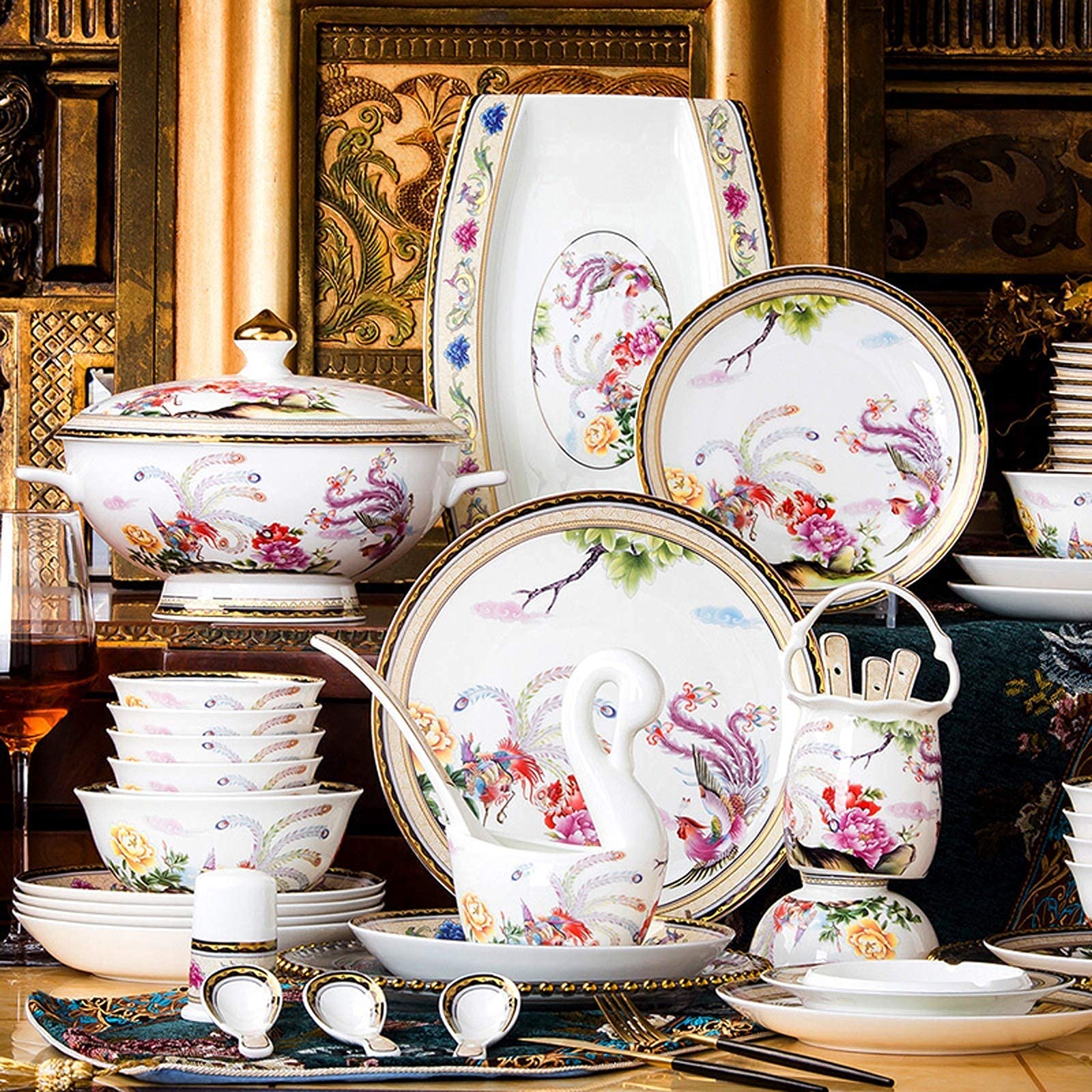 Dinner SetsClassic Pottery Tableware,Ceramics Dinnerware Set, High-end Enamel Porcelain Soup Pot/Plate/Bowl | 50 Pieces Bone China Dinner Sets for Family Gathering and Wedding Gifts