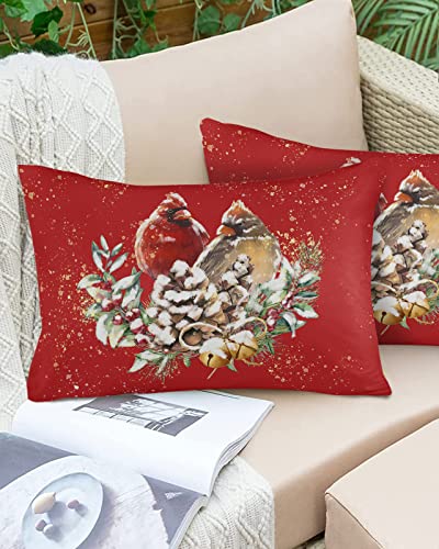 LBDOMOV Christmas Outdoor Throw Pillow Covers Cases for Patio Furniture Set of 2,Xmas Red Gold Winter Snowy Bell Pine Waterproof Decorative Lumbar Pillowcases for Garden Tent Balcony 12x20 Inch