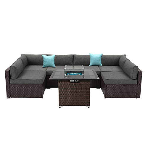 HOMPUS Outdoor Patio Furniture 7-Piece Wicker Sectional Sofa,Dark Gray Cushions w 32-inch Square Propane Fire Pit Table(40,000 BTU),Internal Tank Storage,Glass Wind Guard