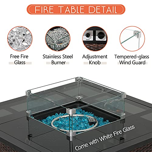HOMPUS Outdoor Patio Furniture 7-Piece Wicker Sectional Sofa,Dark Gray Cushions w 32-inch Square Propane Fire Pit Table(40,000 BTU),Internal Tank Storage,Glass Wind Guard