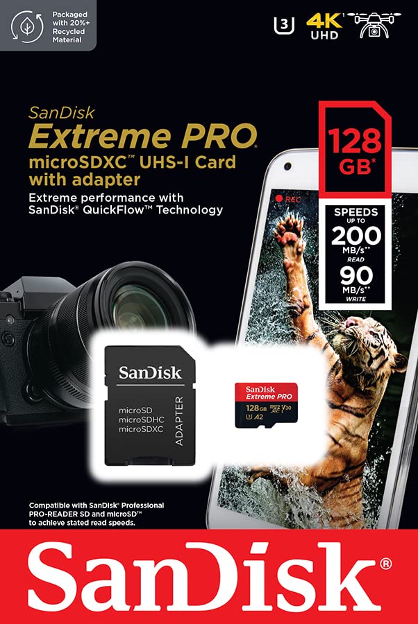 SanDisk 128GB Extreme PRO® microSD™ UHS-I Card with Adapter C10, U3, V30, A2, 200MB/s Read 90MB/s Write SDSQXCD-128G-GN6MA
