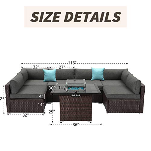HOMPUS Outdoor Patio Furniture 7-Piece Wicker Sectional Sofa,Dark Gray Cushions w 32-inch Square Propane Fire Pit Table(40,000 BTU),Internal Tank Storage,Glass Wind Guard