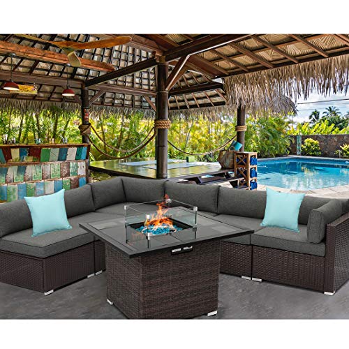 HOMPUS Outdoor Patio Furniture 7-Piece Wicker Sectional Sofa,Dark Gray Cushions w 32-inch Square Propane Fire Pit Table(40,000 BTU),Internal Tank Storage,Glass Wind Guard