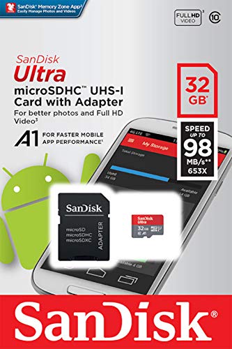 SanDisk 32GB Ultra MicroSDHC UHS-I Memory Card with Adapter - 98MB/s, C10, U1, Full HD, A1, Micro SD Card - SDSQUAR-032G-GN6MA