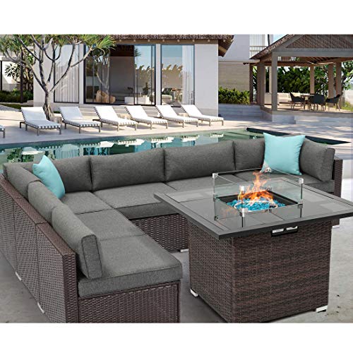 HOMPUS Outdoor Patio Furniture 7-Piece Wicker Sectional Sofa,Dark Gray Cushions w 32-inch Square Propane Fire Pit Table(40,000 BTU),Internal Tank Storage,Glass Wind Guard
