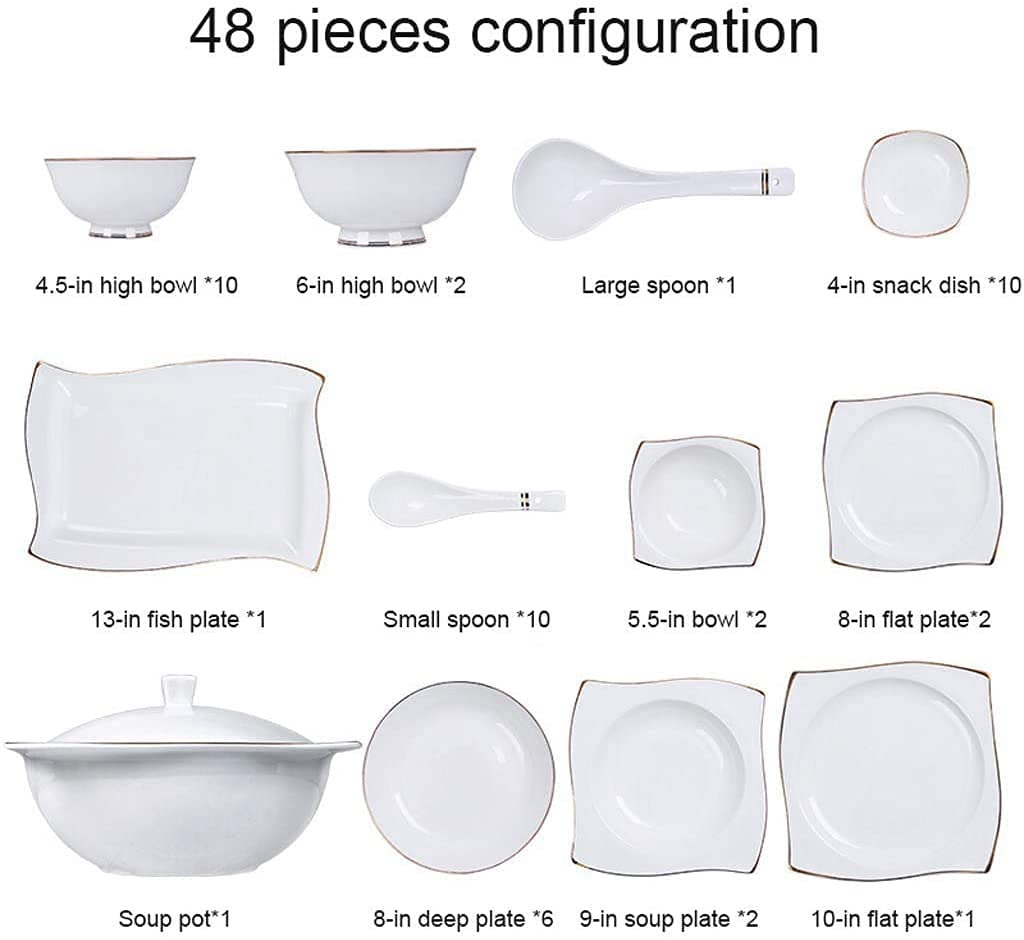 Porcelain Plate and Bowl Set,Dinnerware Set for Home or Special Restaurant, Ceramics Dinnerware Set with 48-Piece, Bowl/Dish/Soup Pot/Spoon|Bone China Dinner Sets, Gold Pattern Porcelain Combination