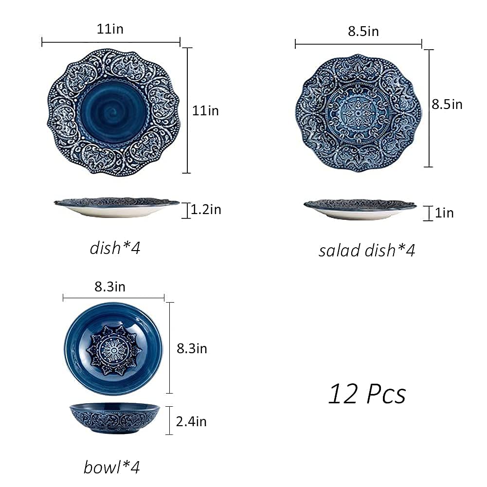 Chip Dinnerware,Kitchen Tableware Set,Ceramics Dinnerware Sets, Plates and Bowls Sets | 12 Pcs Blue Underglaze Dishes Set - Mexican Dinnerware for Restaurant Family Party
