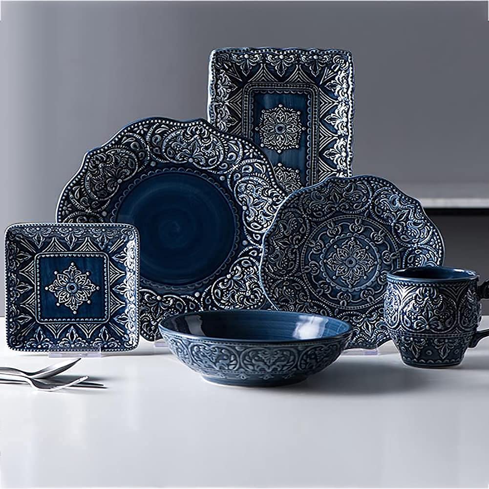Chip Dinnerware,Kitchen Tableware Set,Ceramics Dinnerware Sets, Plates and Bowls Sets | 12 Pcs Blue Underglaze Dishes Set - Mexican Dinnerware for Restaurant Family Party