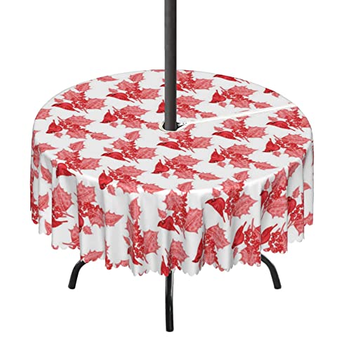 Cardinal Bird Pattern theme Outdoor Tablecloth Water Resistant Spillproof Table Cover with Zipper Umbrella Hole for Patio Garden Tabletop Decor,for outdoor umbrella table(60" Round,Dark Coral White)