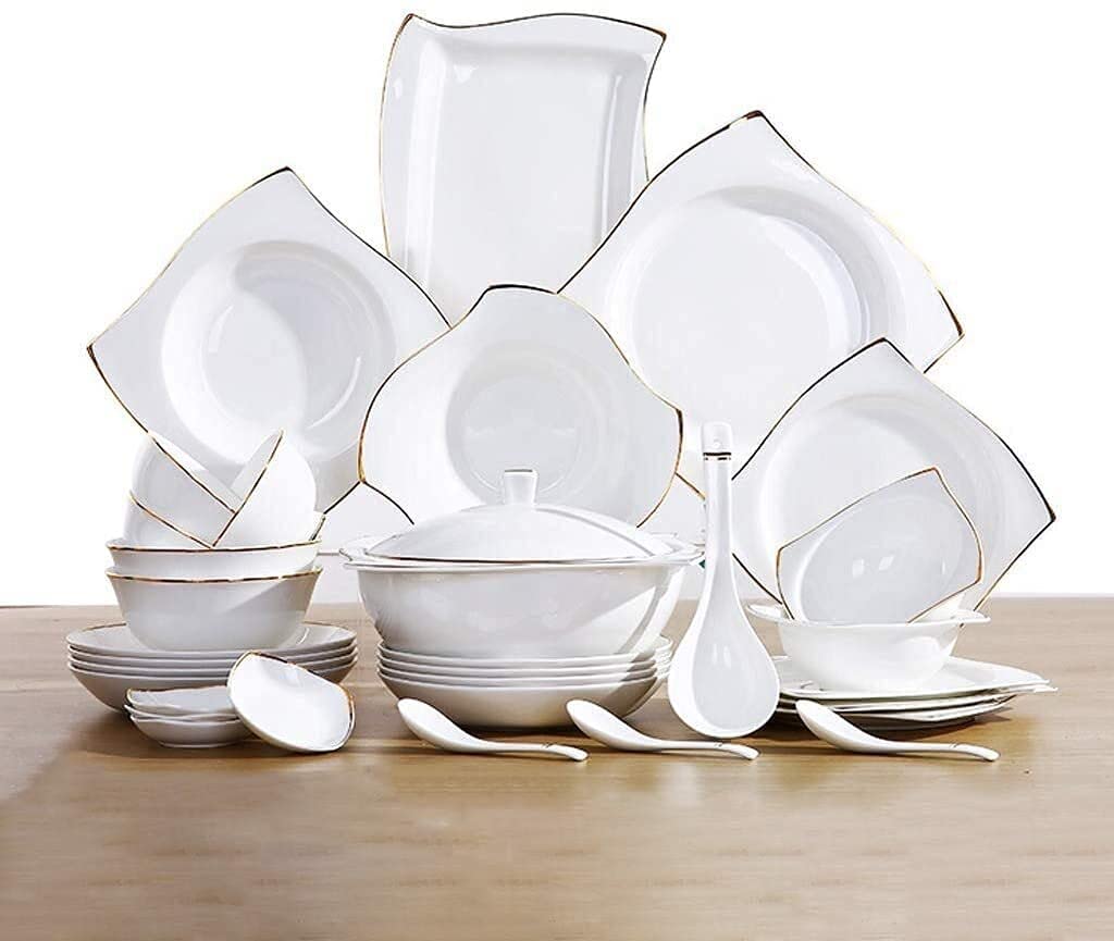 Porcelain Plate and Bowl Set,Dinnerware Set for Home or Special Restaurant, Ceramics Dinnerware Set with 48-Piece, Bowl/Dish/Soup Pot/Spoon|Bone China Dinner Sets, Gold Pattern Porcelain Combination
