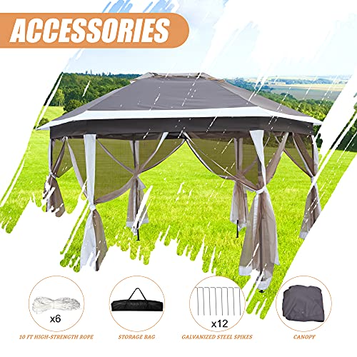 LONABR 12’ X 12’ Pop Up Gazebo with Mosquito Netting Hexagonal Outdoor Canopy for Patio,Garden,Backyard Tent Canopy with Strong Iron Frame Storage Bag