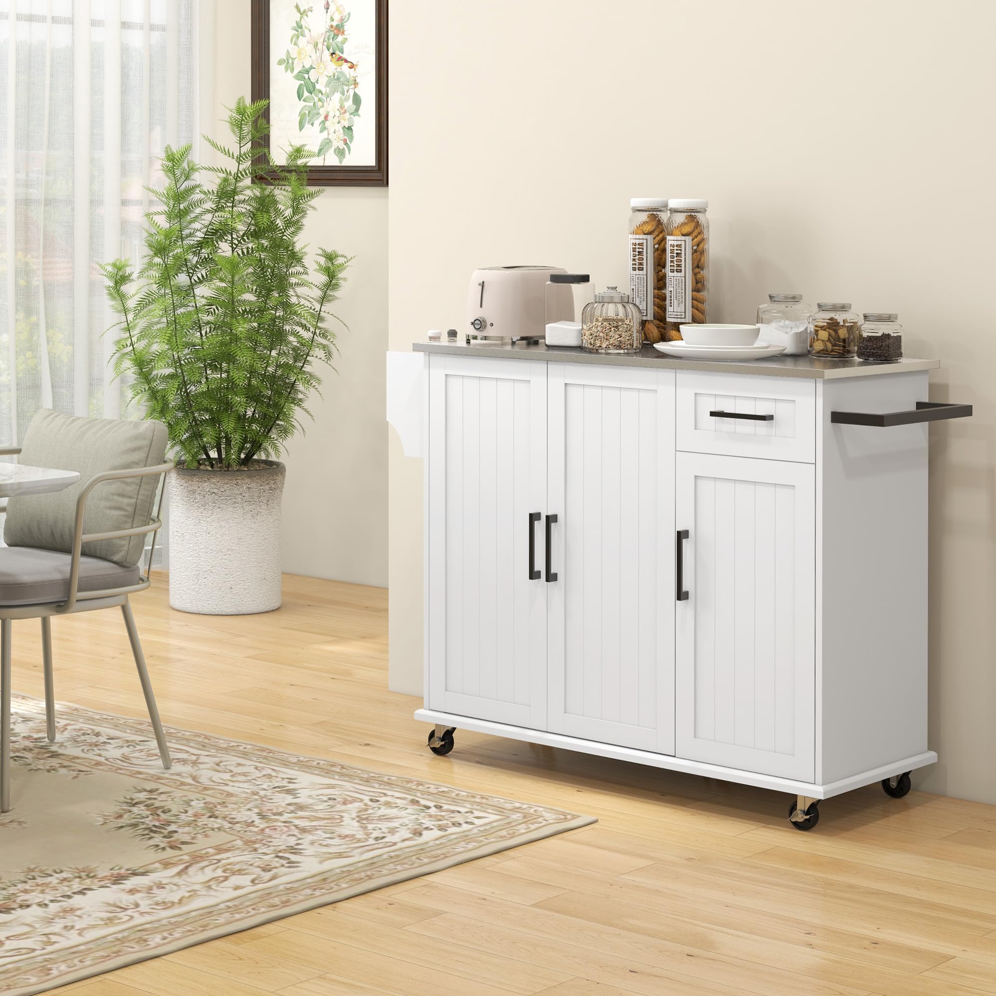 HOMCOM Kitchen Island with Storage, Rolling Kitchen Island on Wheels with Drawer, 3 Cabinets, Stainless Steel Countertop, Spice Rack and Towel Rack, White