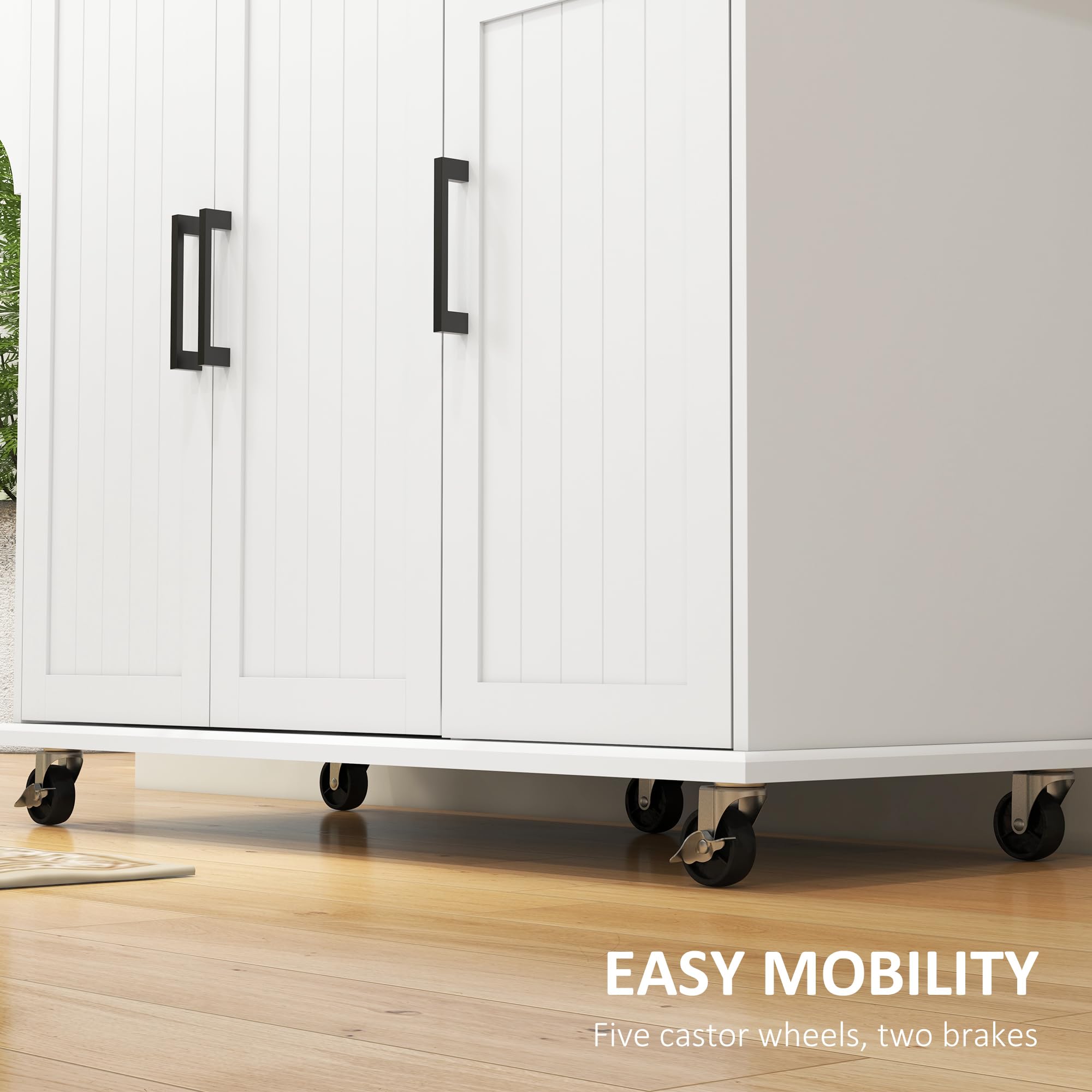 HOMCOM Kitchen Island with Storage, Rolling Kitchen Island on Wheels with Drawer, 3 Cabinets, Stainless Steel Countertop, Spice Rack and Towel Rack, White