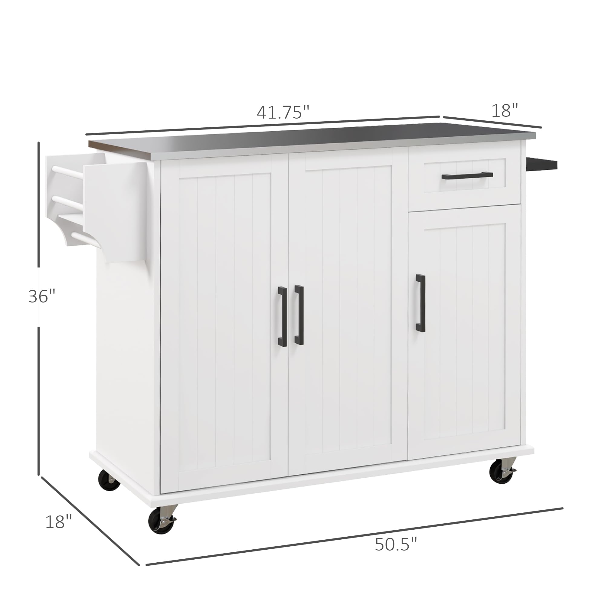 HOMCOM Kitchen Island with Storage, Rolling Kitchen Island on Wheels with Drawer, 3 Cabinets, Stainless Steel Countertop, Spice Rack and Towel Rack, White