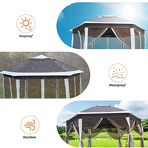 LONABR 12’ X 12’ Pop Up Gazebo with Mosquito Netting Hexagonal Outdoor Canopy for Patio,Garden,Backyard Tent Canopy with Strong Iron Frame Storage Bag