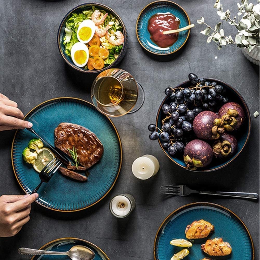 GagalU 15-Piece Stoneware Dinnerware Set, Blue Porcelain Dinnerware Sets, Ceramic Plates and Bowls Dinner Sets, Modern Creativity Reactive Glaze Stoneware Dishes Set