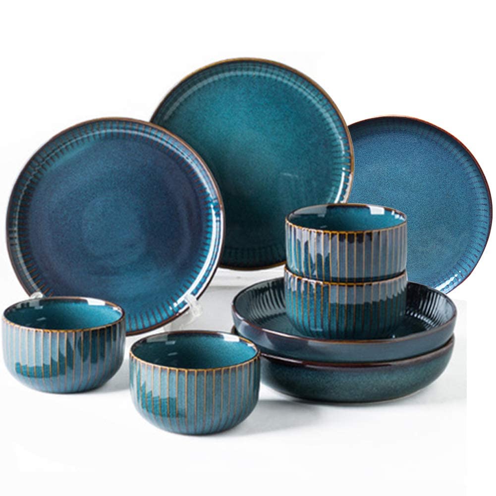 GagalU 15-Piece Stoneware Dinnerware Set, Blue Porcelain Dinnerware Sets, Ceramic Plates and Bowls Dinner Sets, Modern Creativity Reactive Glaze Stoneware Dishes Set